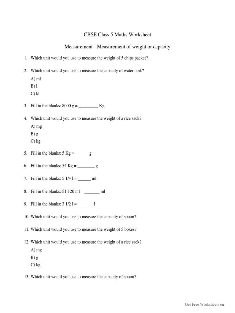 CBSE Class 5 Maths Worksheet Measurement - Measurement of Weight or ...