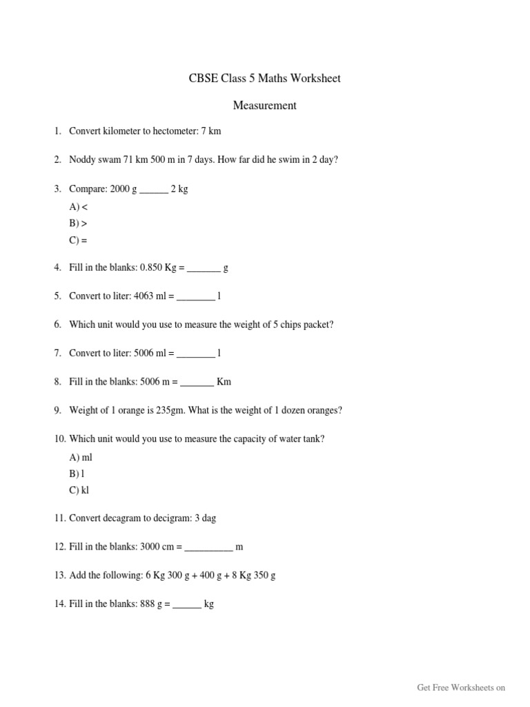 Class 5 Measurement Worksheets with Answers | PDF