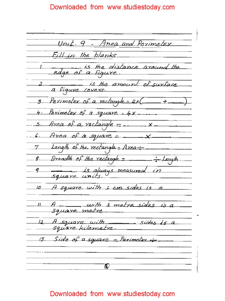 CBSE Class 5 Mathematics Worksheet - Area and Perimeter PDF | PDF