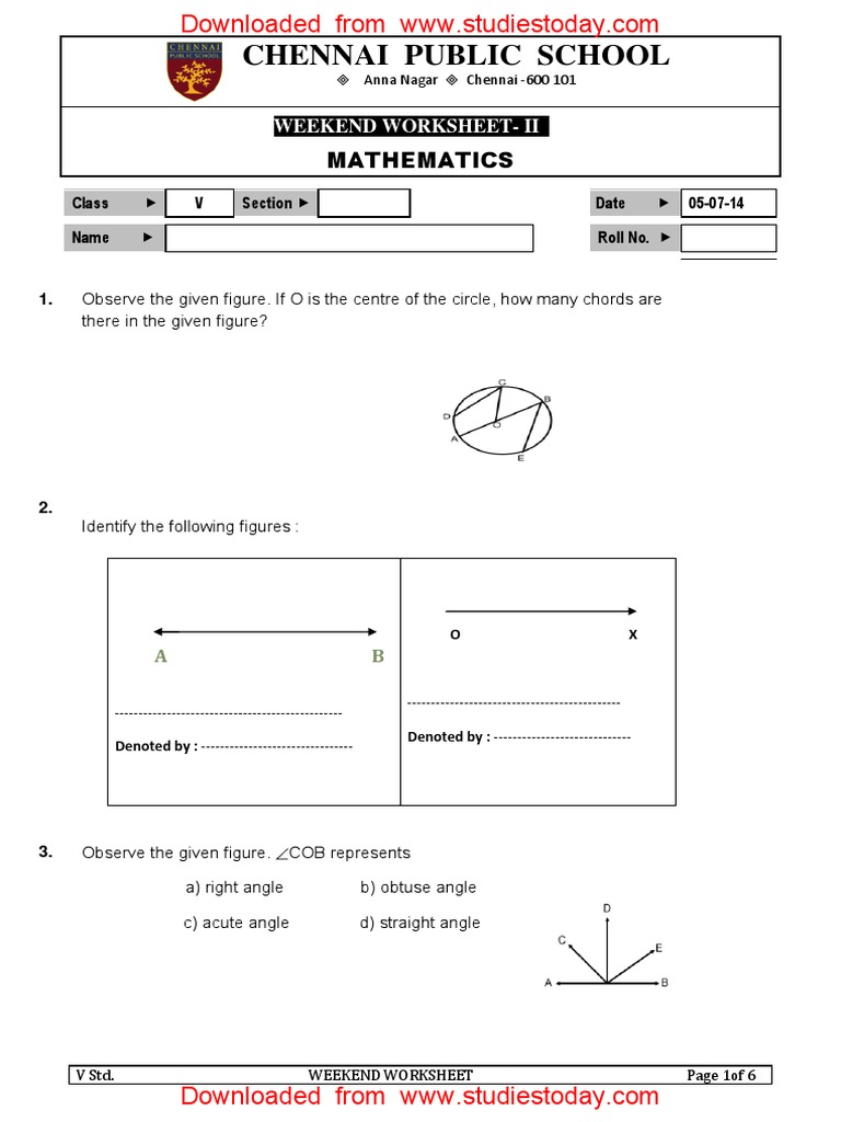 Class 5 Geometry: Lines & Circles Worksheet | PDF | Angle | Geometric ...