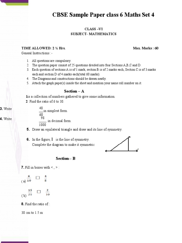 CBSE Sample Paper Class 6 Maths Set 4 | PDF | Fraction (Mathematics ...