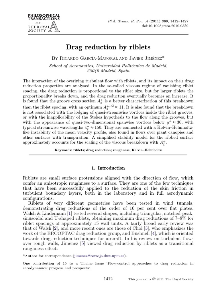 Drag Reduction by Riblets | PDF | Drag (Physics) | Boundary Layer