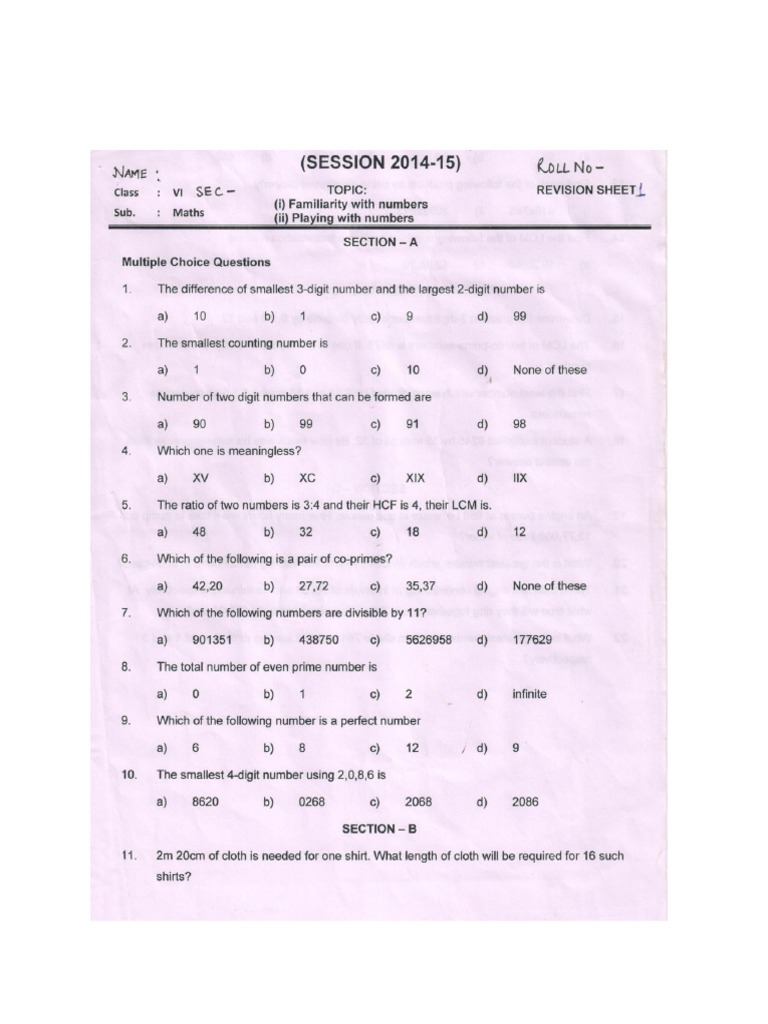 CBSE Class 6 Knowing Our Numbers Worksheet PDF | PDF