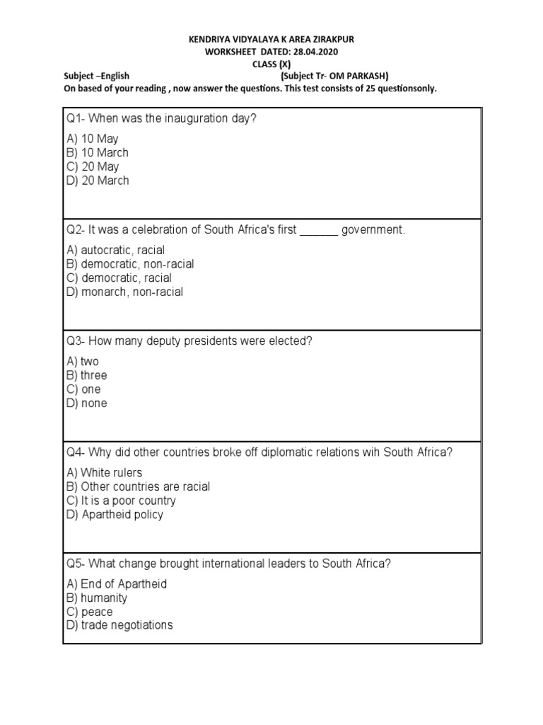 Nelson Mandela MCQ Test 02.05.2020 | PDF | Apartheid | Public Sphere