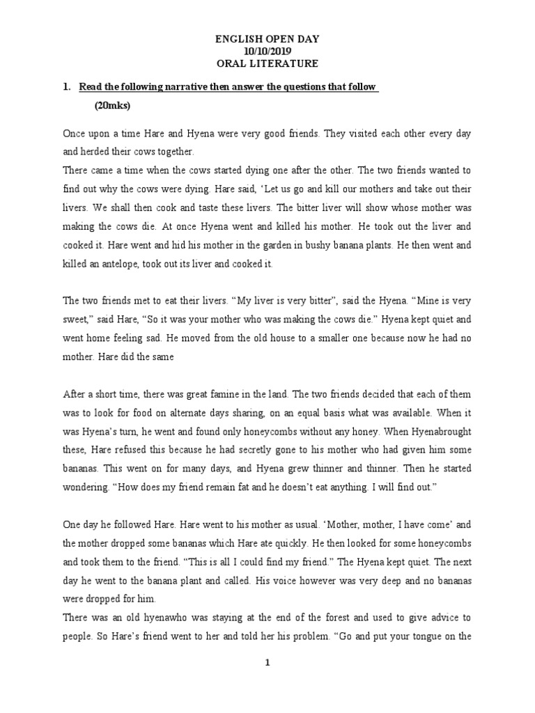 English Open Day 10/10/2019 Oral Literature 1. Read The Following ...