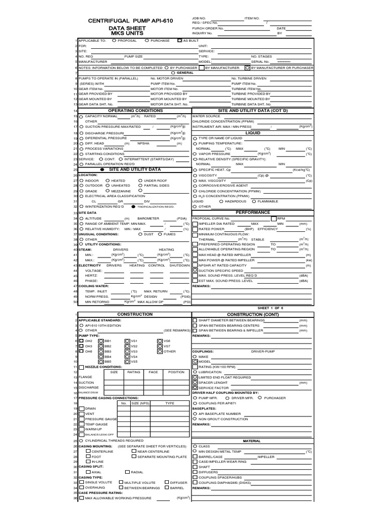Data Sheet Mks Units Centrifugal Pump Api-610: Operating Conditions ...