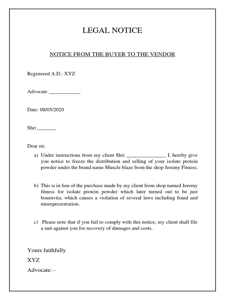 Legal Notice: Notice From The Buyer To The Vendor | PDF ...