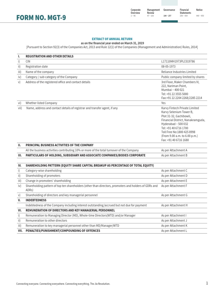 Reliance Industries Annual Return 2019 | PDF | Companies | Corporate Law