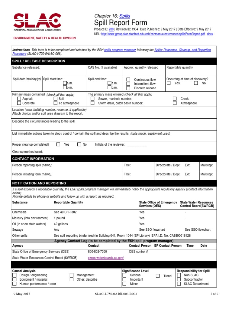 Spill Report Form: Spills | Download Free PDF | Storm Drain | Water Supply