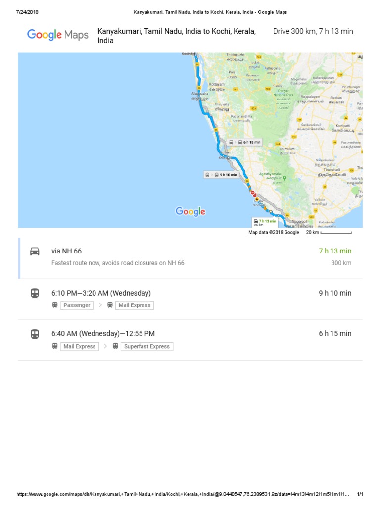 Kanyakumari, Tamil Nadu, India To Kochi, Kerala, India - Google Maps | PDF