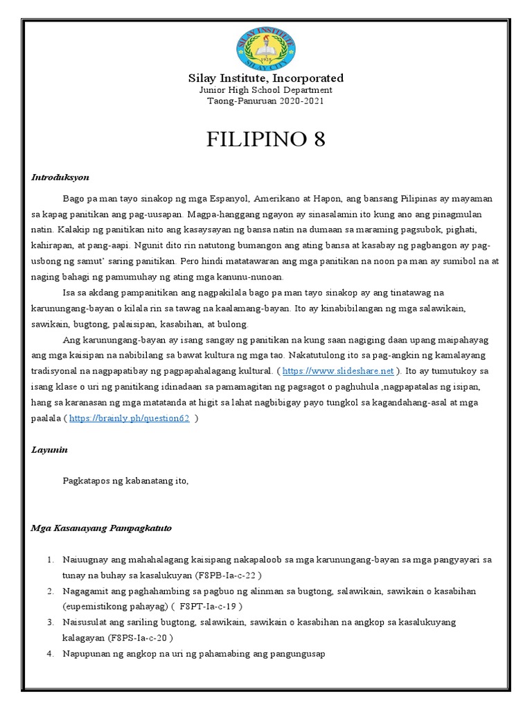 Filipino 8 Modyul 2 Unang Markahan | PDF