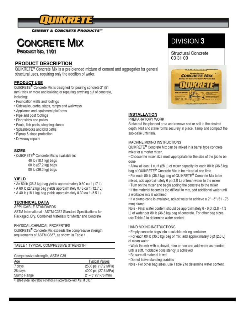 Data - Sheet-Concrete Mix 1101 | PDF | Concrete | Strength Of Materials