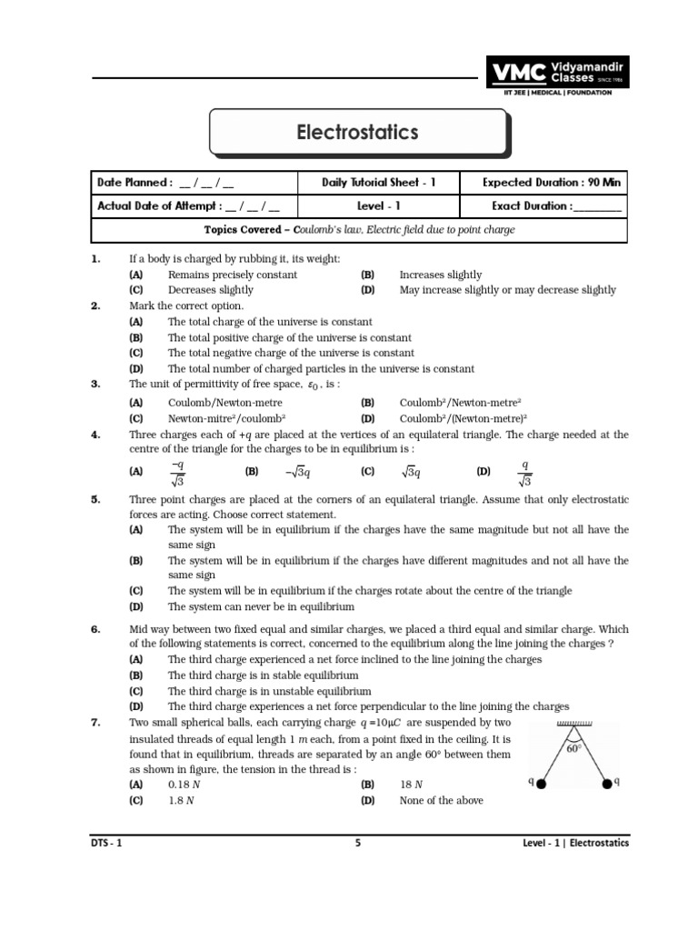 Electrostatics Workbook PDF | Download Free PDF | Sphere | Electric Field