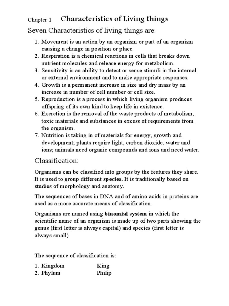 Seven Characteristics of Living Things Are | PDF