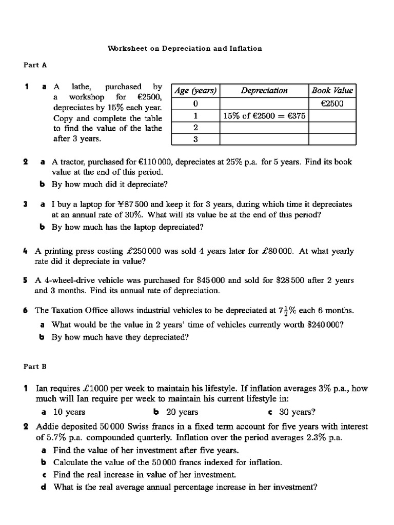 Worksheet On Depreciation and Inflation Part A | PDF