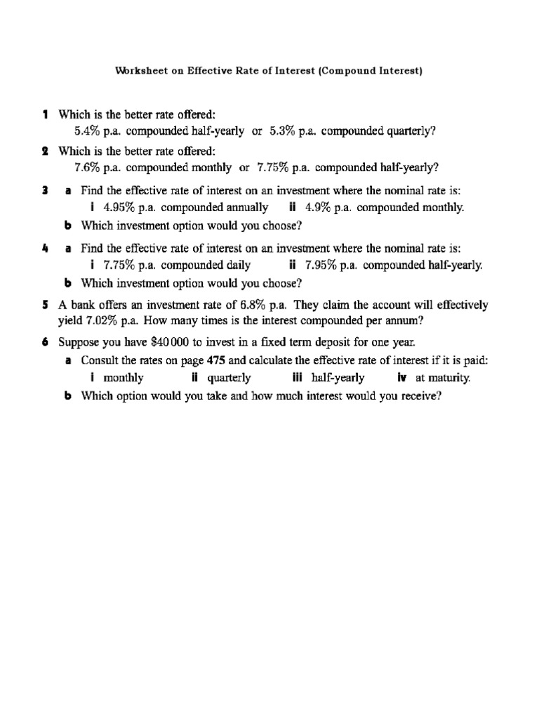 Worksheet On Effective Rate of Interest (Compound Interest) | PDF