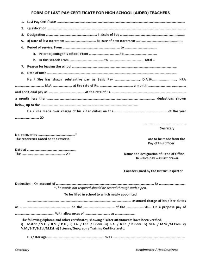 Form of Last Pay Certificate | PDF | Learning | Vocational Education