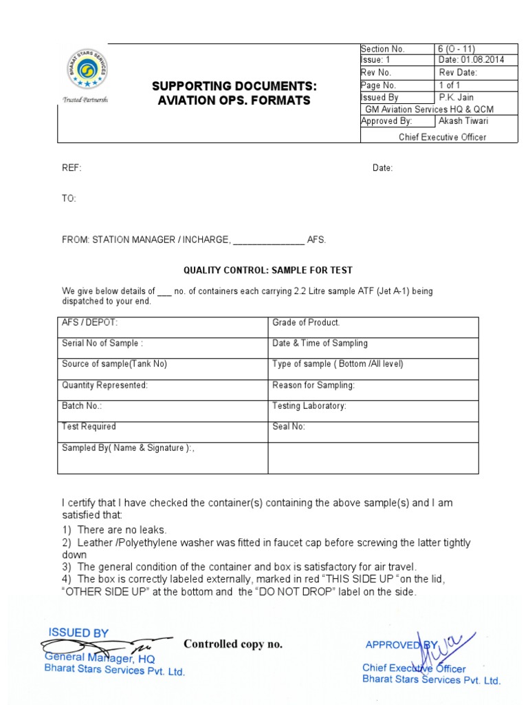 Supporting Documents: Aviation Ops. Formats: Quality Control: Sample ...