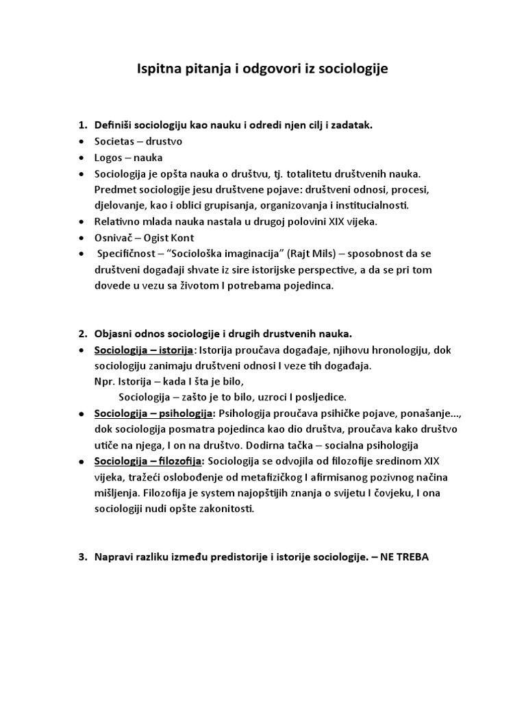 Ispitna Pitanja I Odgovori Iz Sociologije | PDF