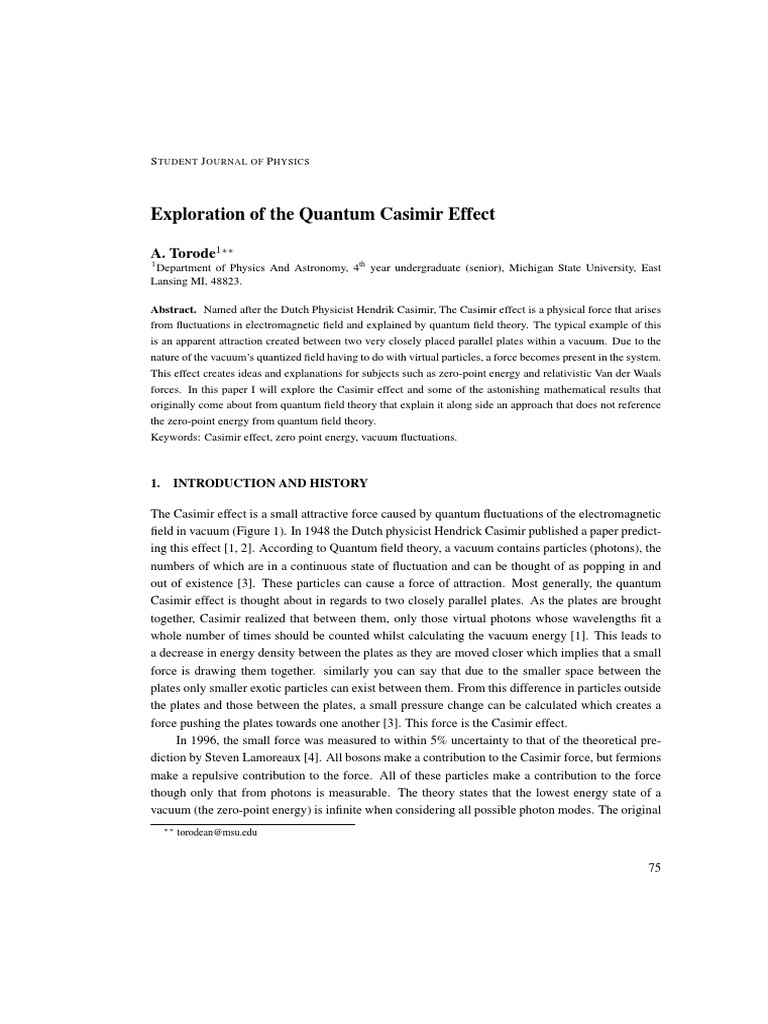 Exploration of The Quantum Casimir Effect: A. Torode | PDF | Quantum Field Theory | Mathematical ...