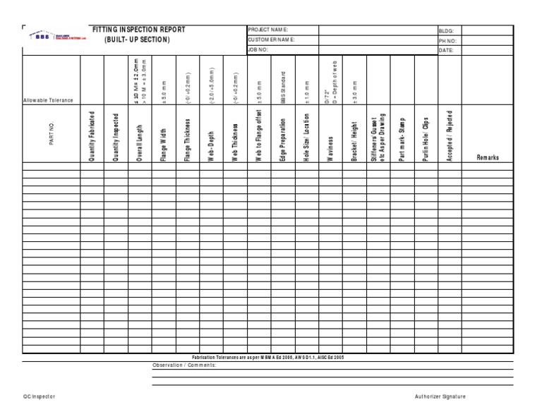 Fitting Inspection Report (Built-Up Section) : BLDG: PH No: Date ...