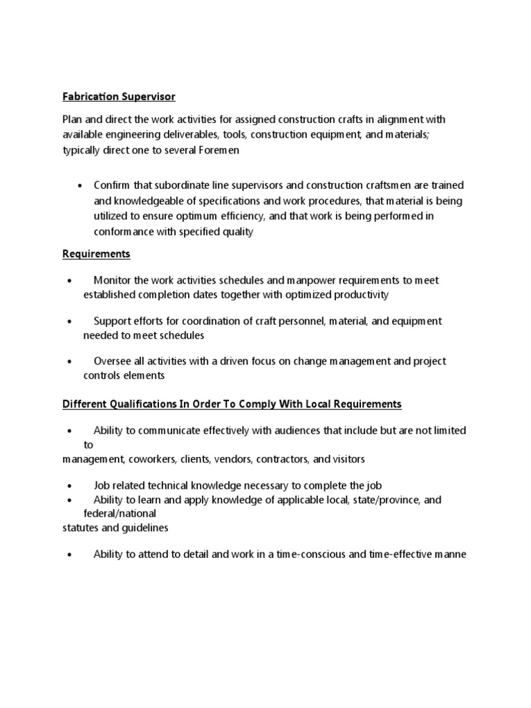 Fabrication Supervisor Role Guide | PDF | Business | Technology ...