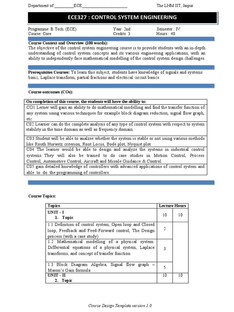 Ece327: Control System Engineering: Course Context and Overview (100 ...