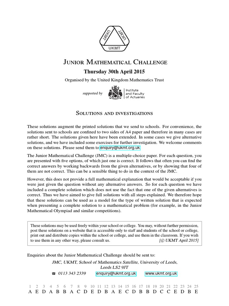 Junior Mathematical Challenge: Solutions and Investigations | PDF ...