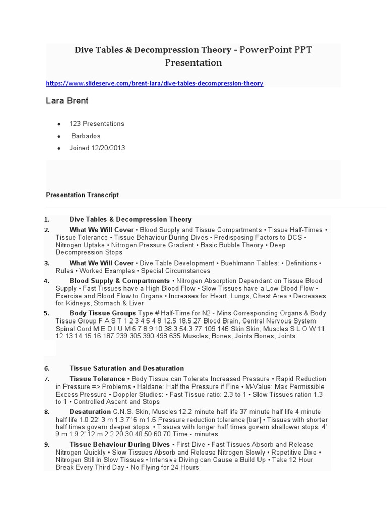 Dive Tables and Decompression Theory | PDF | Underwater Diving | Physiology