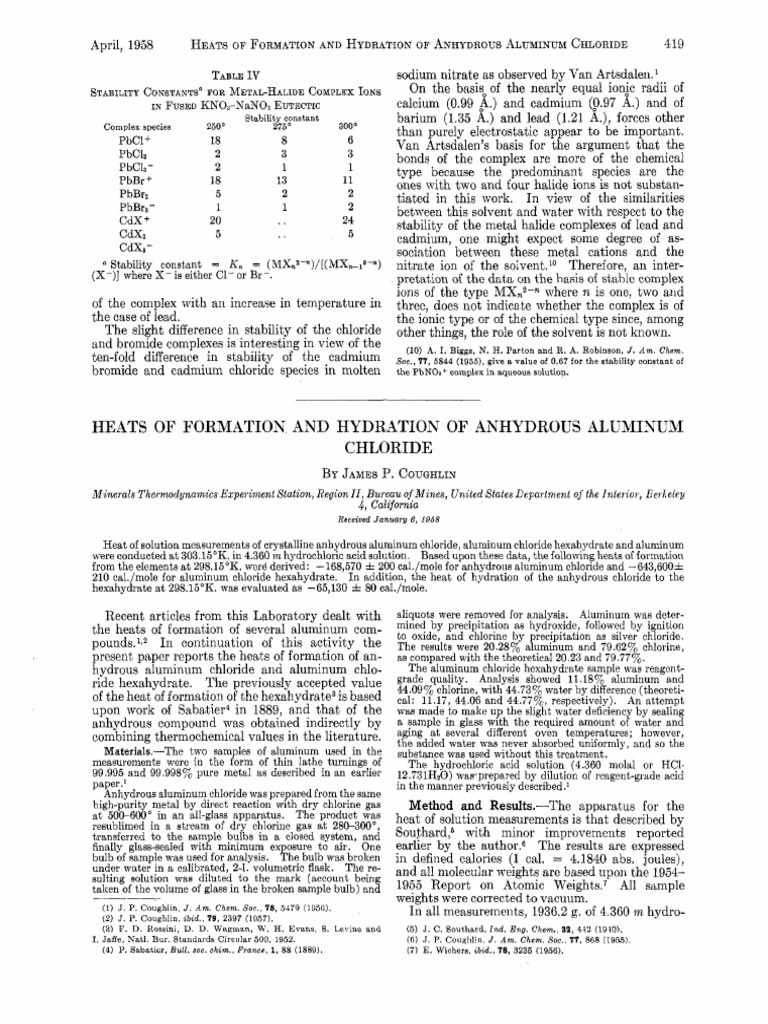 Heats of Formation and Hydration of Anhydrous Aluminum Chloride | PDF ...