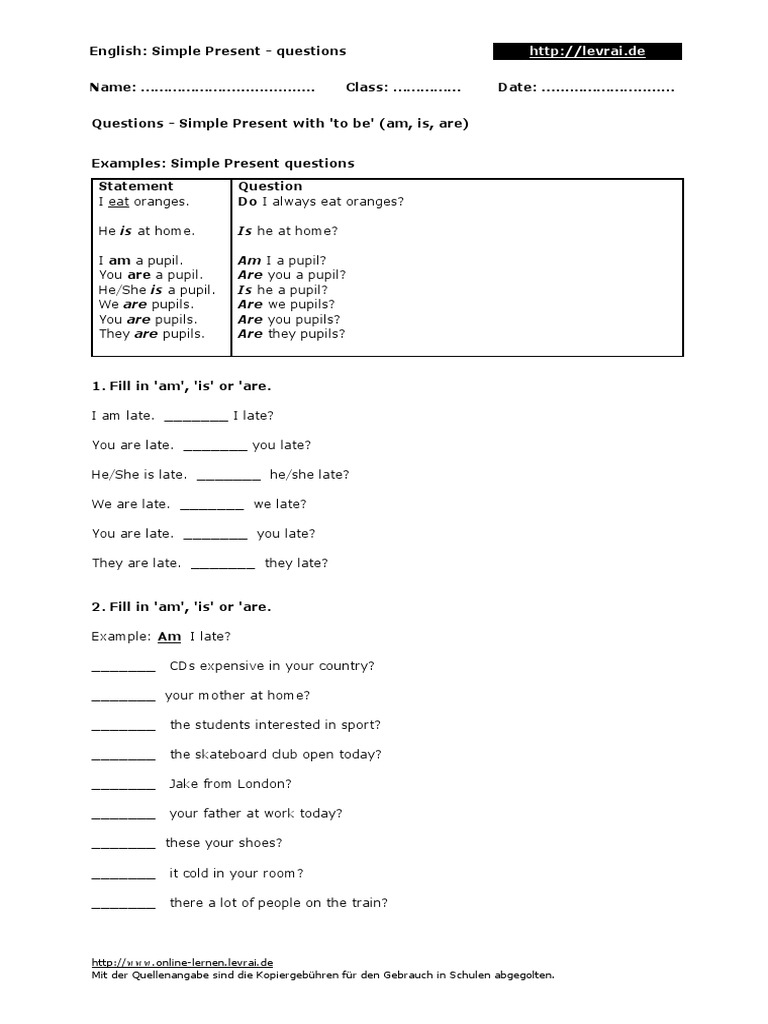 Simple Present 50 Questions To Be Worksheet PDF | PDF