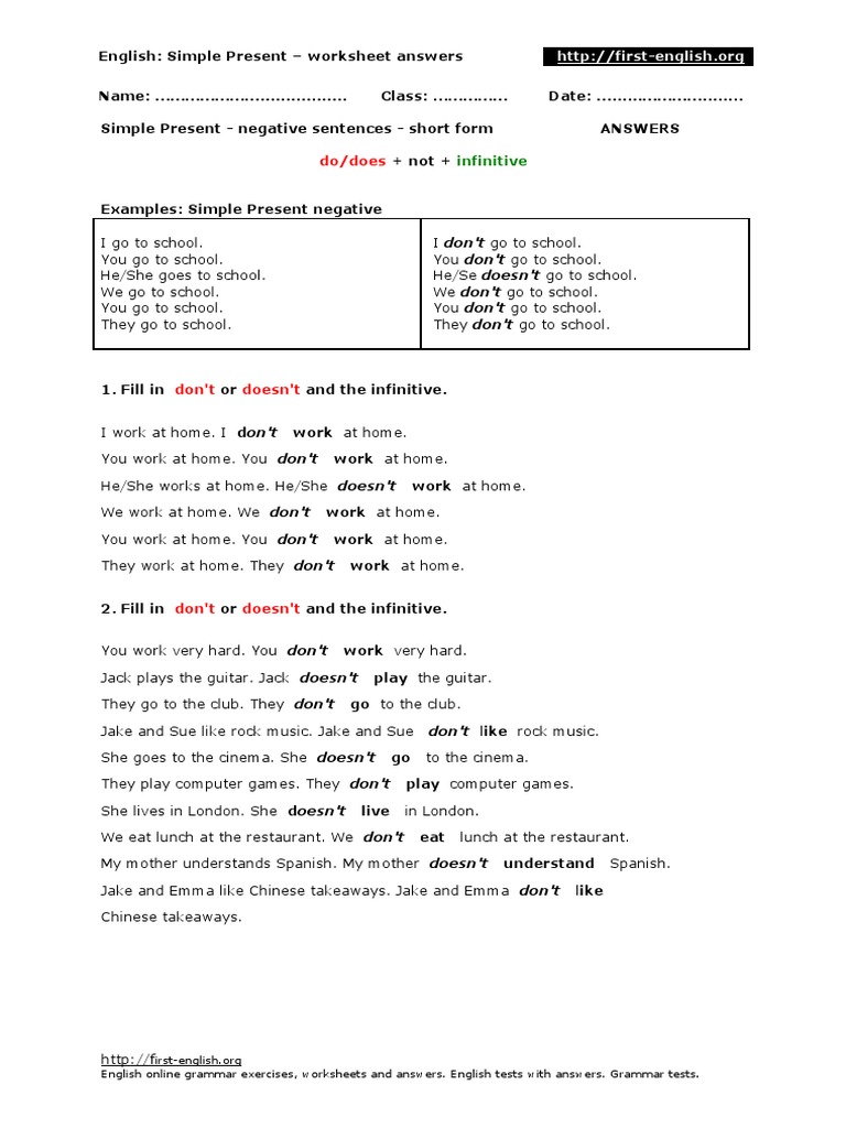 Simple Present Negative Sentences Worksheet Answers | PDF