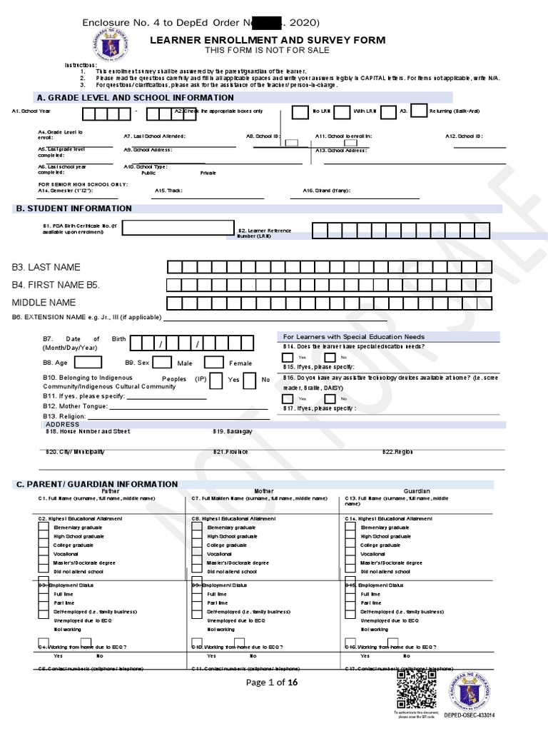 Learner Enrollment and Survey Form:, Enclosure No. 4 To Deped Order No ...