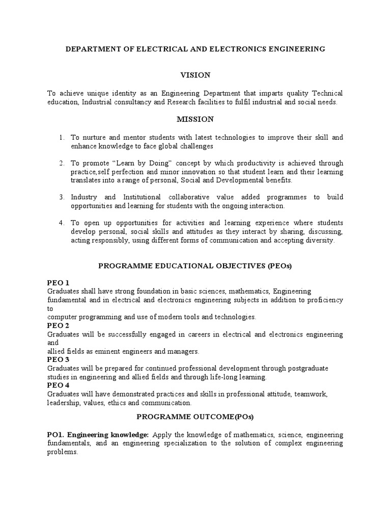 Department of Electrical and Electronics Engineering: Vision | PDF ...