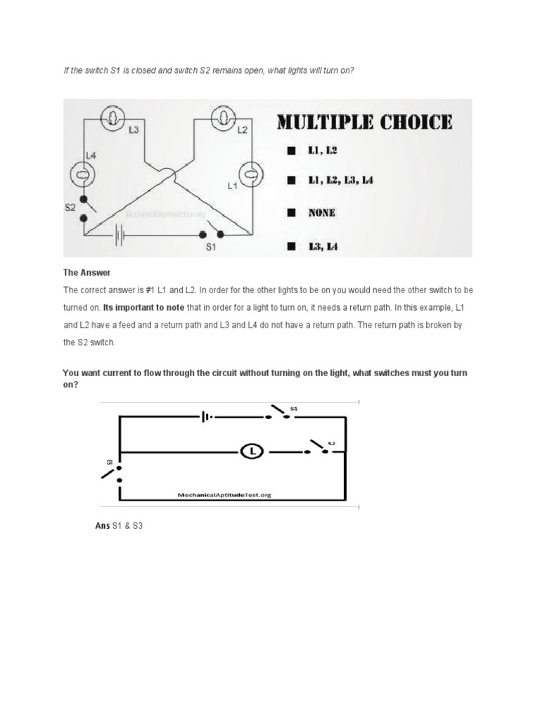 If The Switch S1 Is Closed and Switch S2 Remains Open, What Lights Will ...