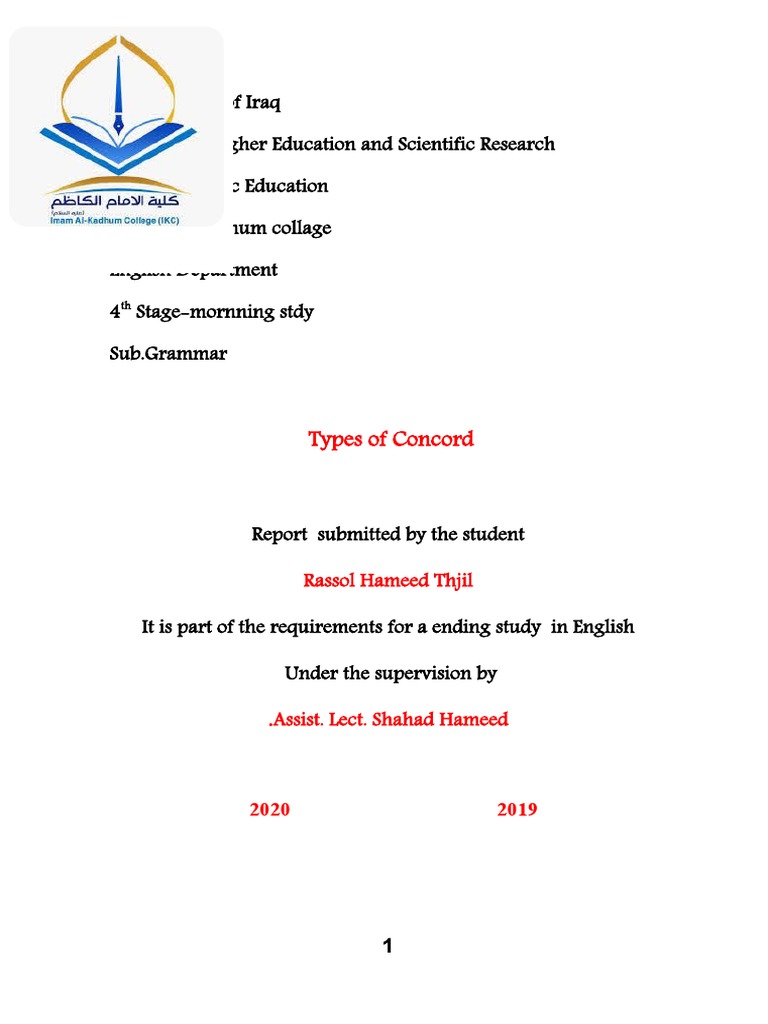 Types of Concord: Rassol Hameed Thjil | PDF | Grammatical Number | Pronoun