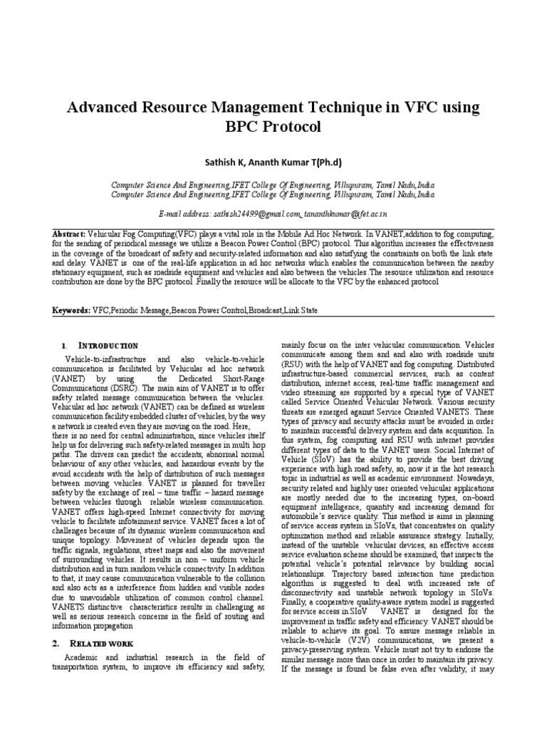 Advanced Resource Management Technique in VFC Using BPC Protocol | PDF ...