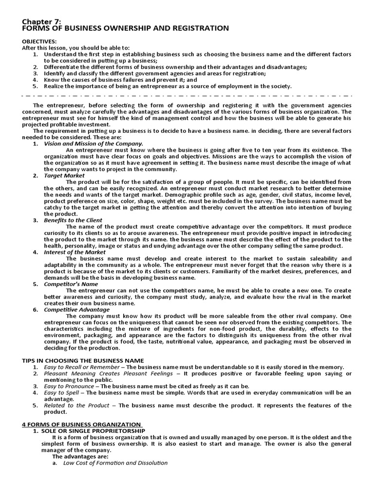 Forms of Business Ownership and Registration: Objectives | PDF ...