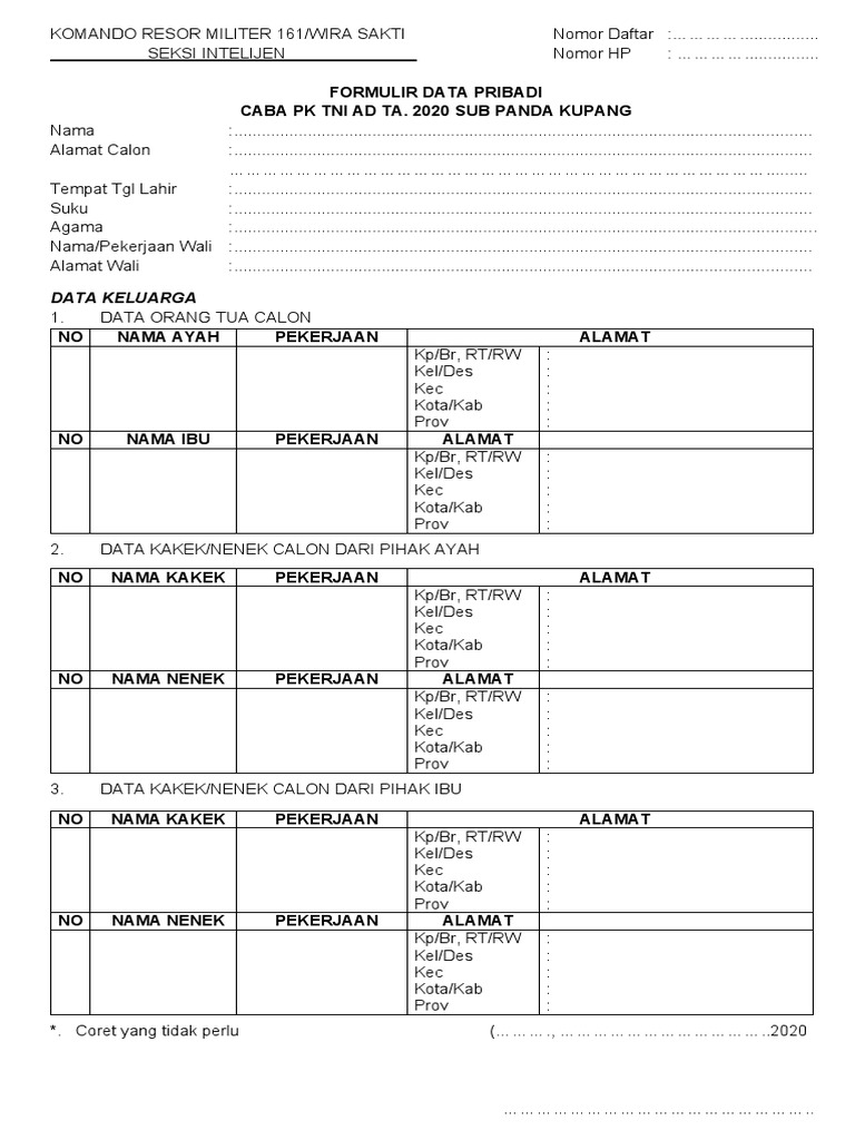 Formulir Tni 2020 | PDF