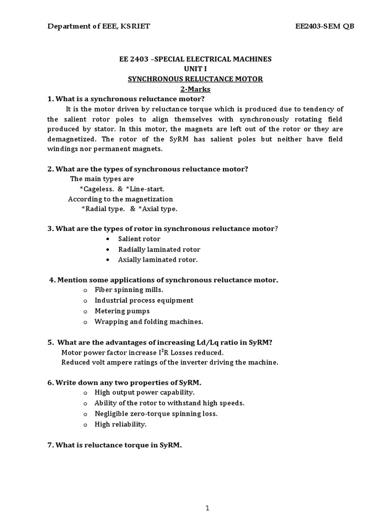 Special - Electrical - Machines QB | PDF | Electric Motor | Magnetic ...