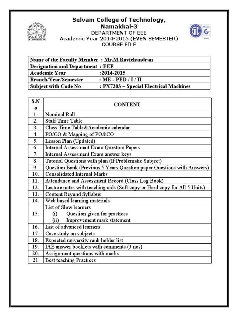 Department of Eee Academic Year 2014-2015 (EVEN SEMESTER) Course File | PDF