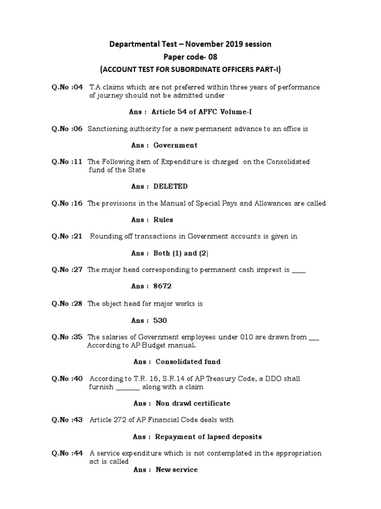 Departmental Test - November 2019 Session Paper Code-08 | PDF | Pension ...