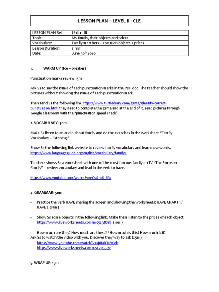 Lesson Plan - Level Ii - Cle: WARM UP (Ice - Breaker) Punctuation Marks ...
