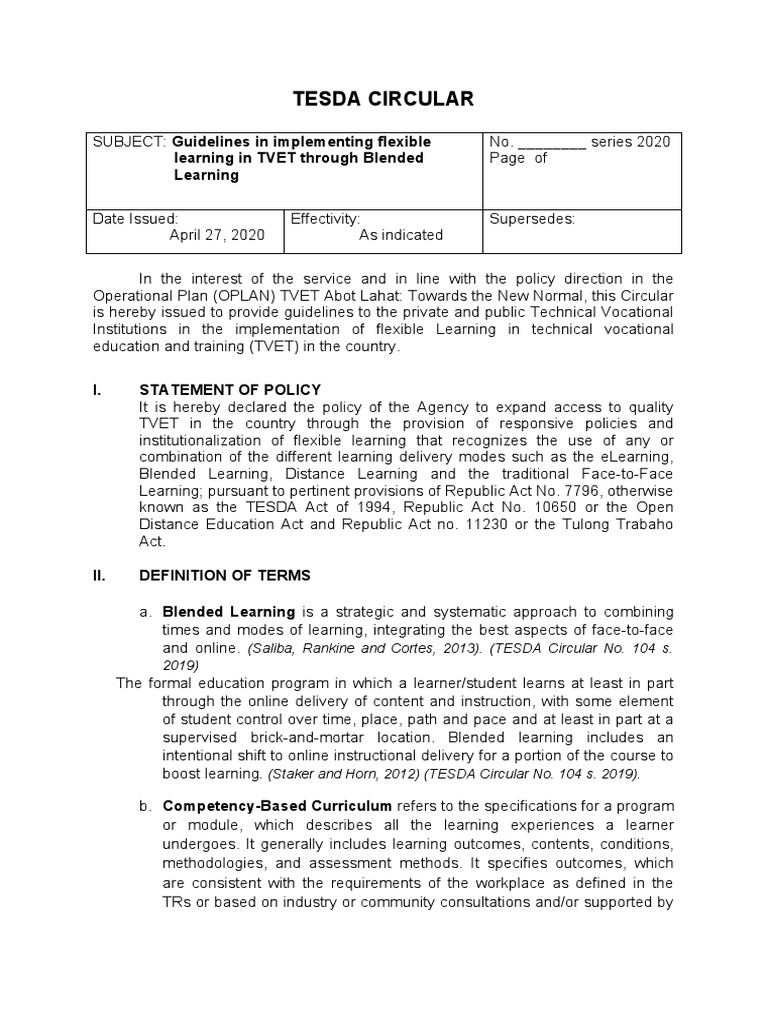 Tesda Circular: Learning in TVET Through Blended Learning | PDF ...