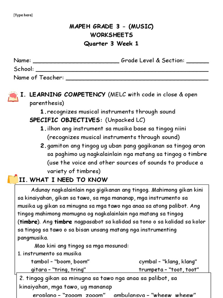 Worksheet In Mapeh 3 Quarter 3 Week 1 2 Music Pdf