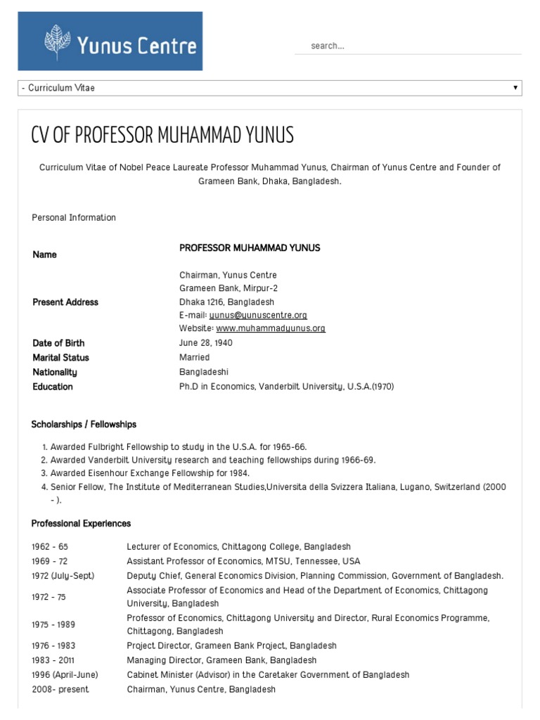 Curriculum Vitae of Dr. Yunus | Download Free PDF | Grameen Bank | Business