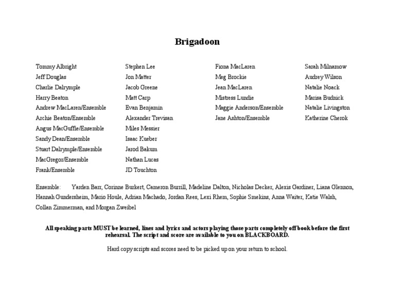 Brigadoon Cast List | PDF