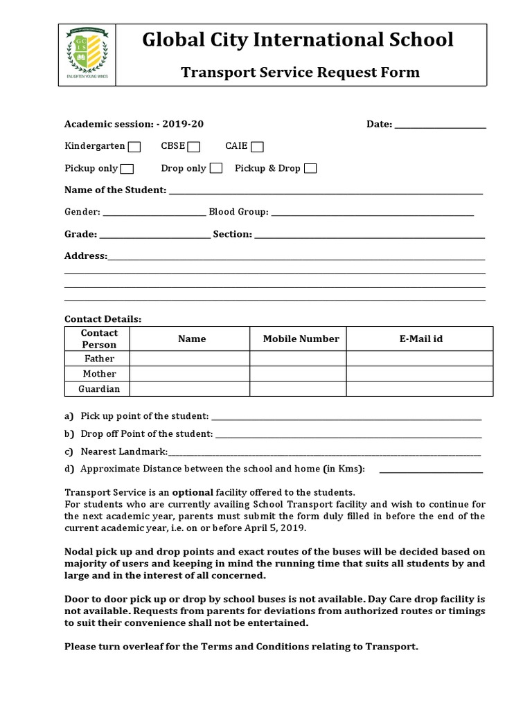 School Transport Request Form | PDF | Business | Transport