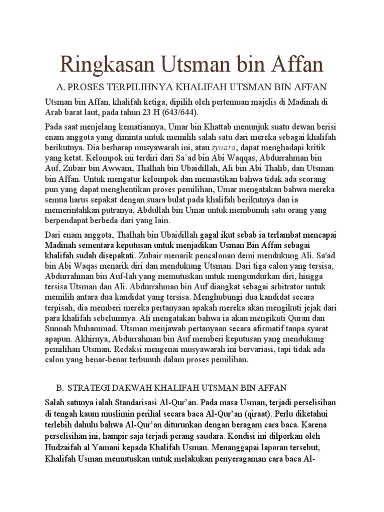 Ringkasan Utsman Bin Affan | PDF | Klasik