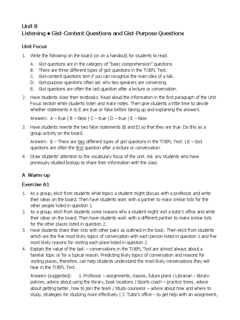 Unit 8 Listening - Gist-Content Questions and Gist-Purpose Questions ...